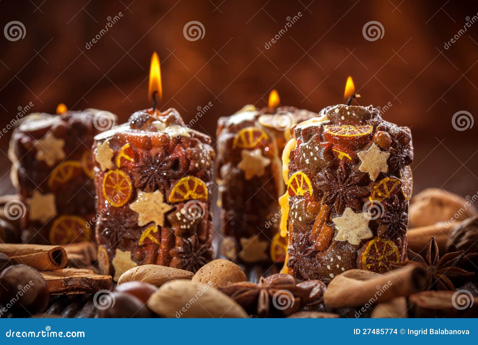 Rustic Christmas Candles with Spices and Nuts Stock Photo - Image of ...