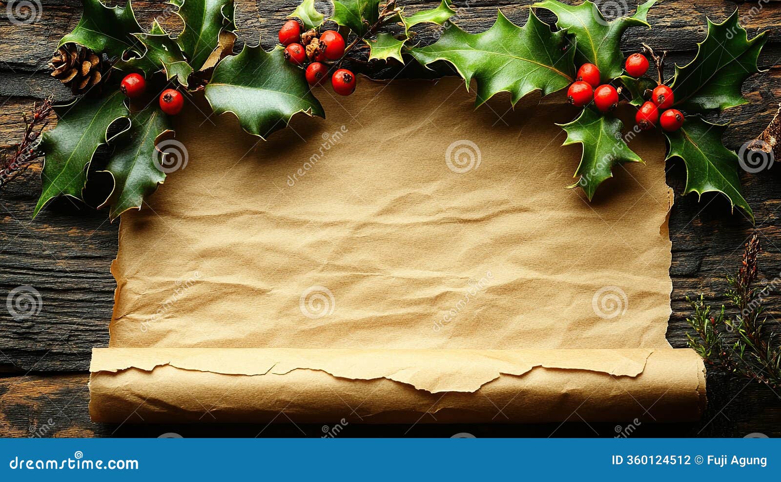 Rustic Christmas Holly Paper Scroll on Wood Stock Illustration ...