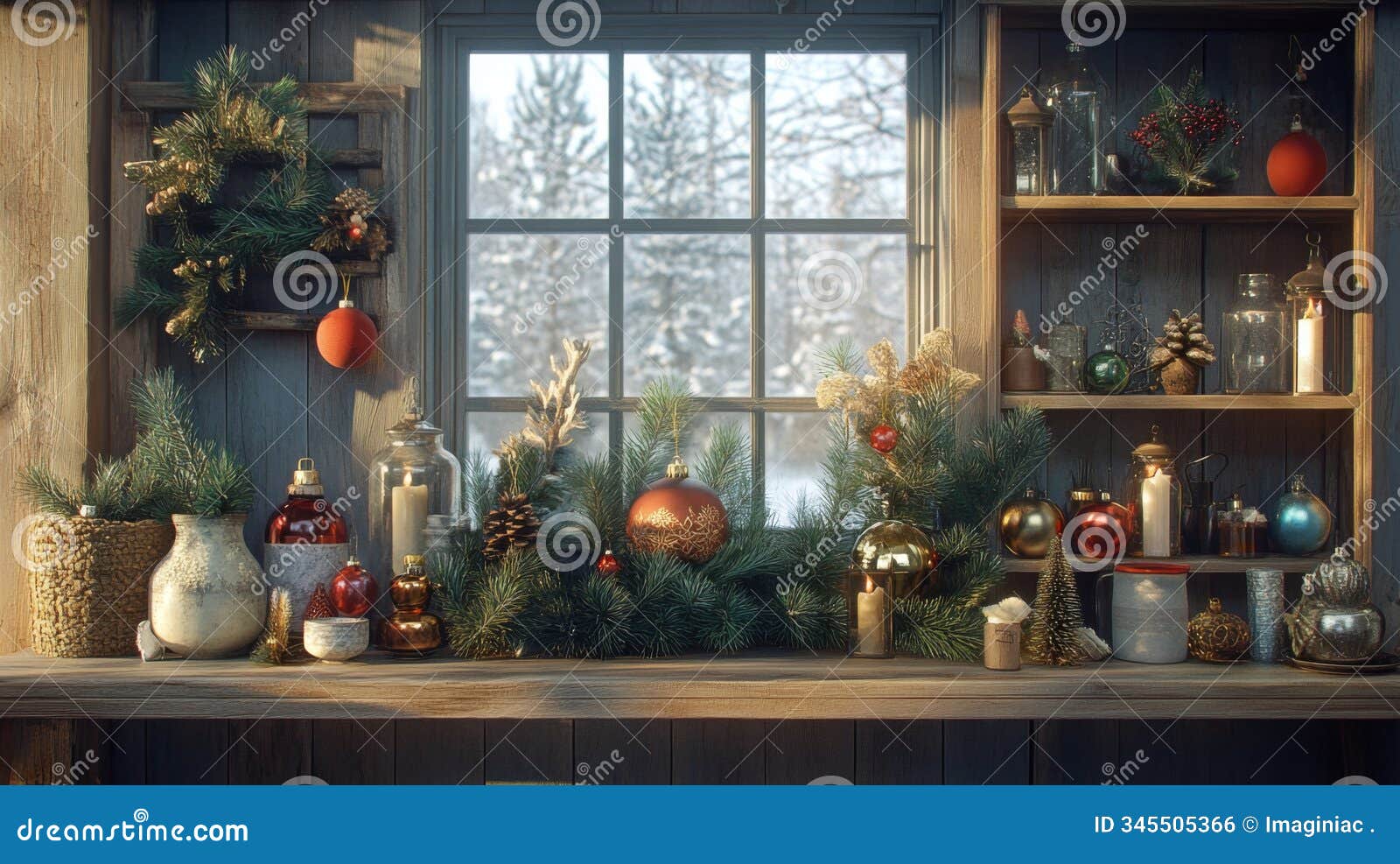 Rustic Christmas Window Display with Ornaments, Greenery, and Candles ...