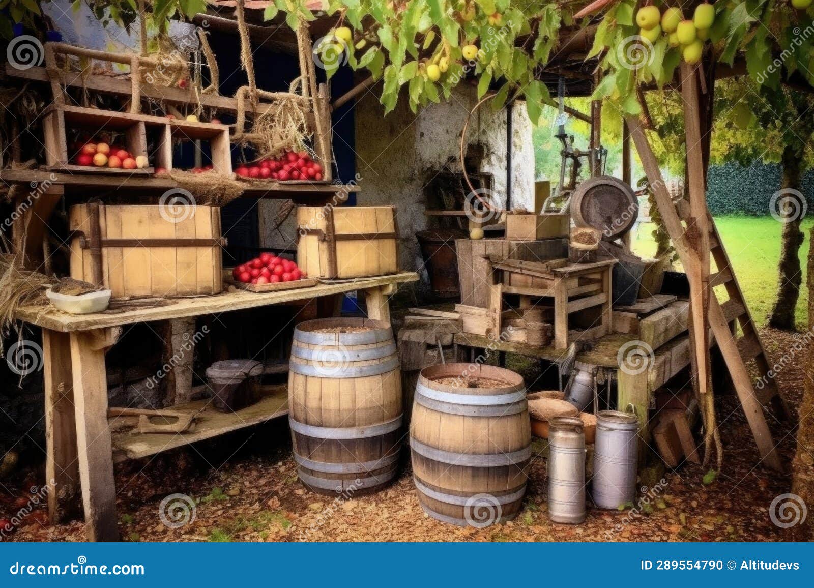 Rustic Cider Making Setup with Apple Crates and Press Stock Photo ...