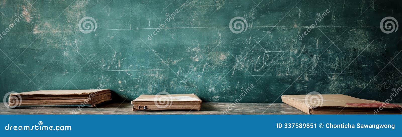 Rustic Classroom Red Apple By Books On Wooden Desk, Green Chalkboard ...