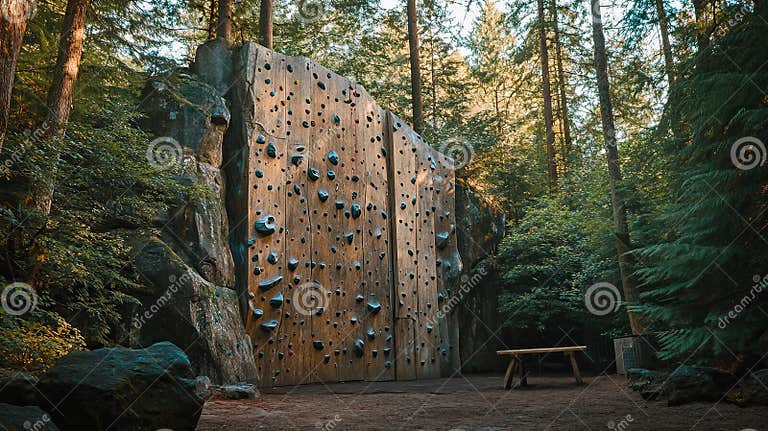 A Rustic Climbing Wall on a Rocky Cliffside Surrounded by Dense Forest ...