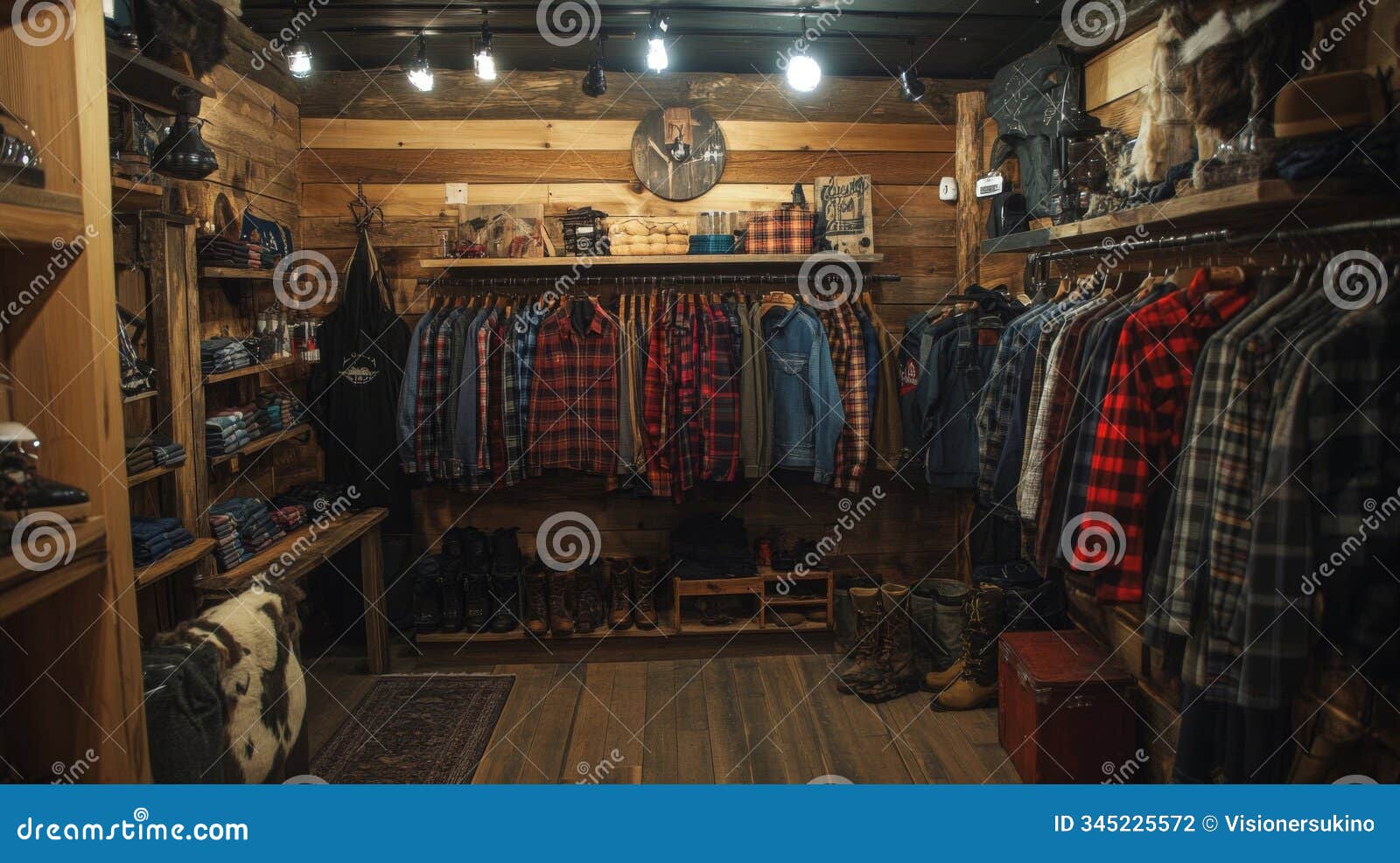 Rustic Clothing Store Interior with Plaid Shirts and Boots Stock Photo ...