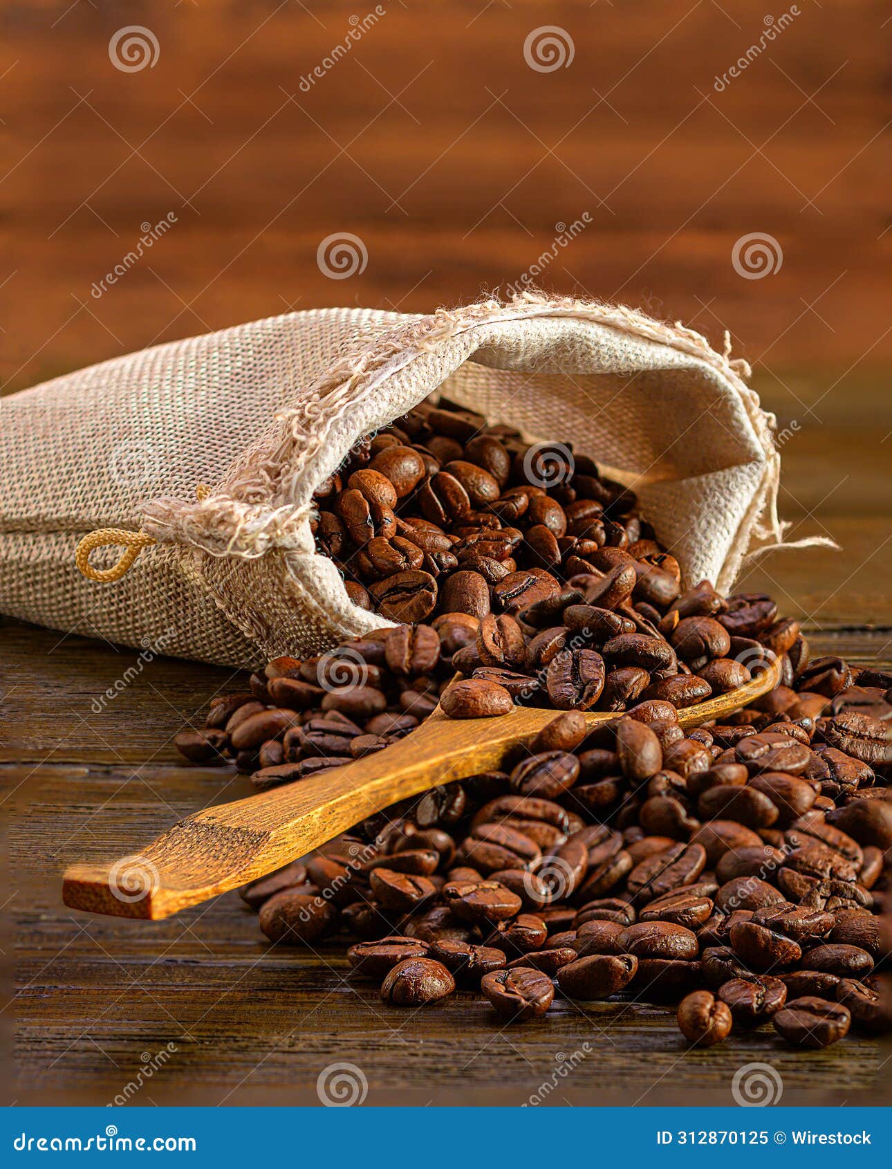 Rustic Coffee Sack on a Dark Wood Surface. Stock Image - Image of ...