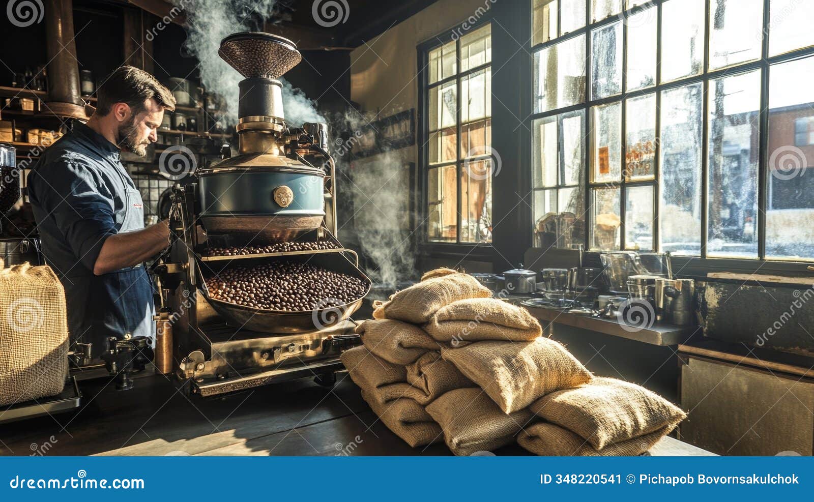 Rustic Coffee Shop Interior with Barista Operating Roasting Machine ...