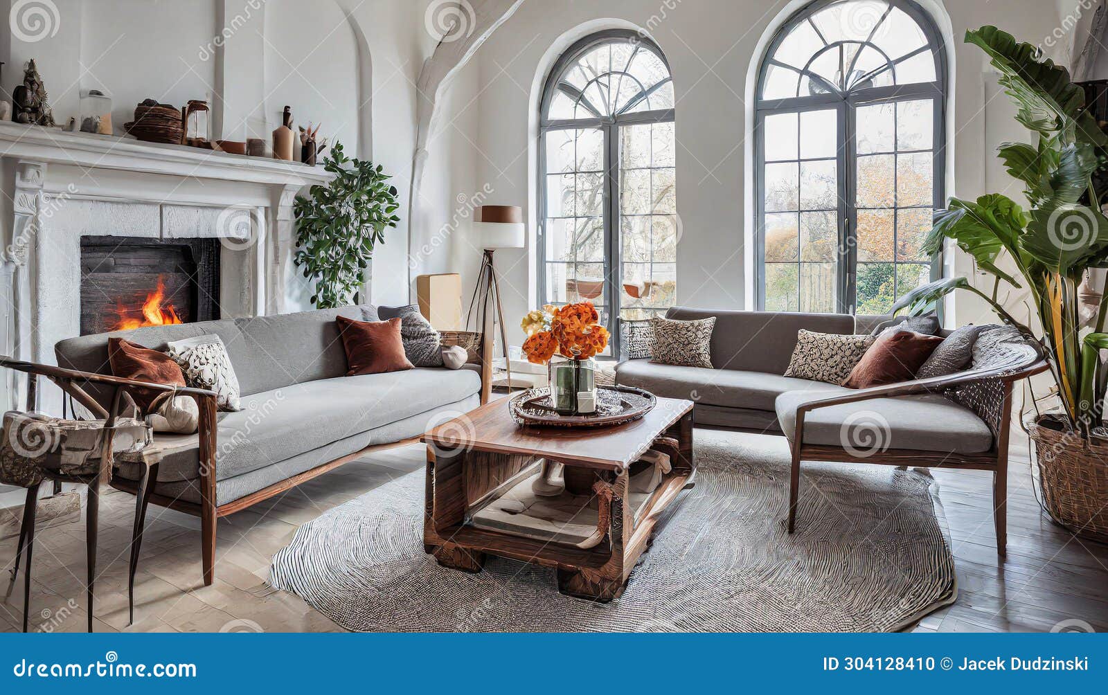 Rustic Coffee Table between Sofa and Chairs Against Fireplace and ...