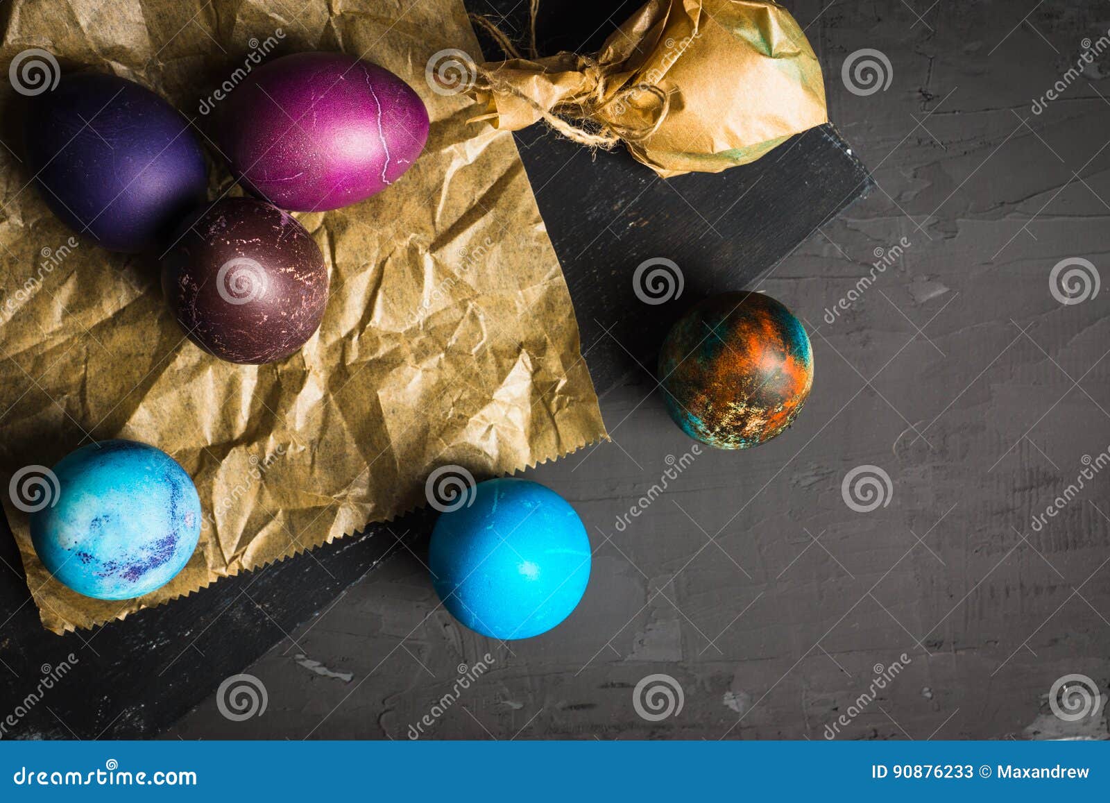 Rustic Colored Easter Eggs on the Dark Stone Background Stock Image ...