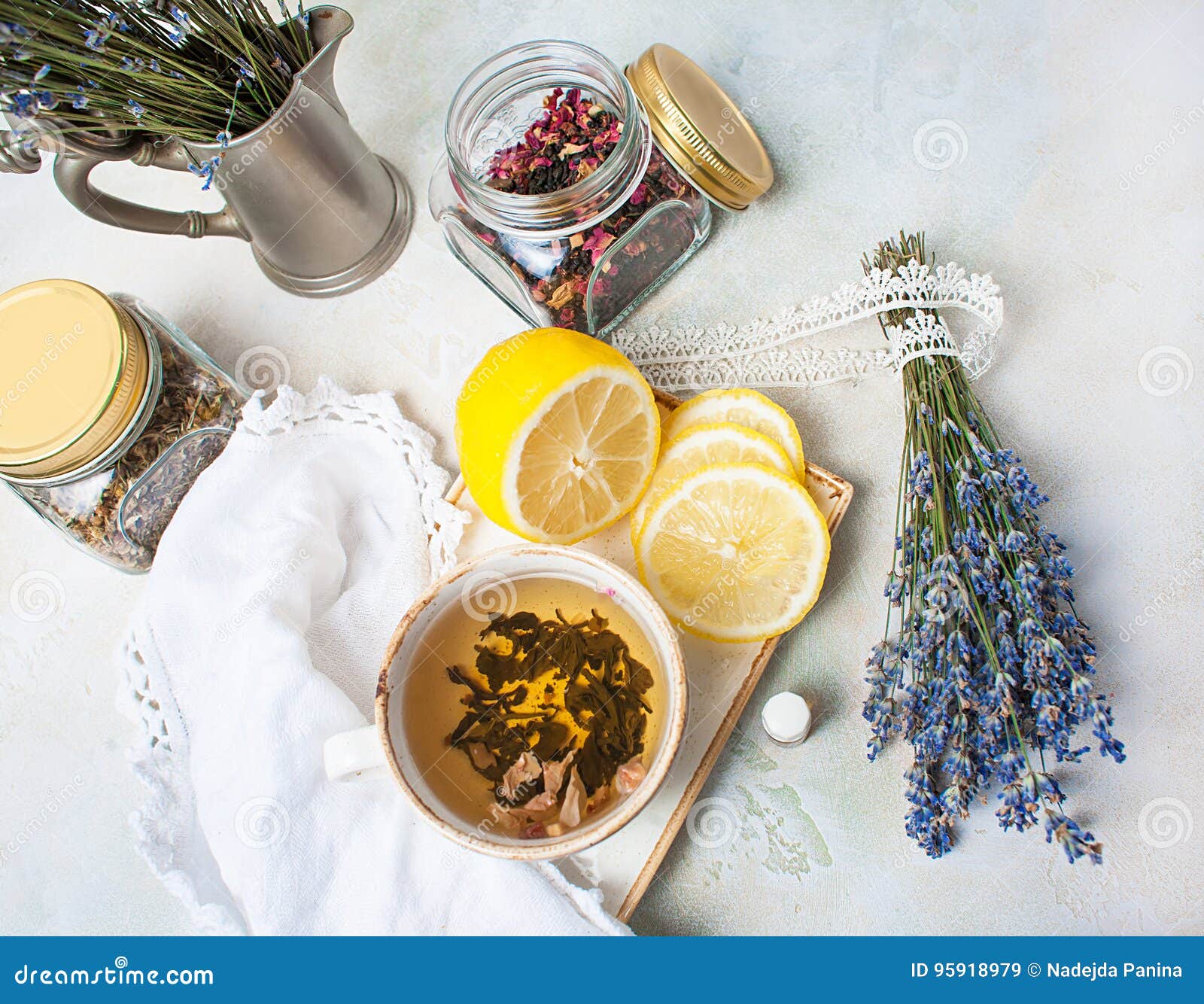 Rustic Composition of Tea, Lavender, Lemon and Textile on Concrete Eco ...
