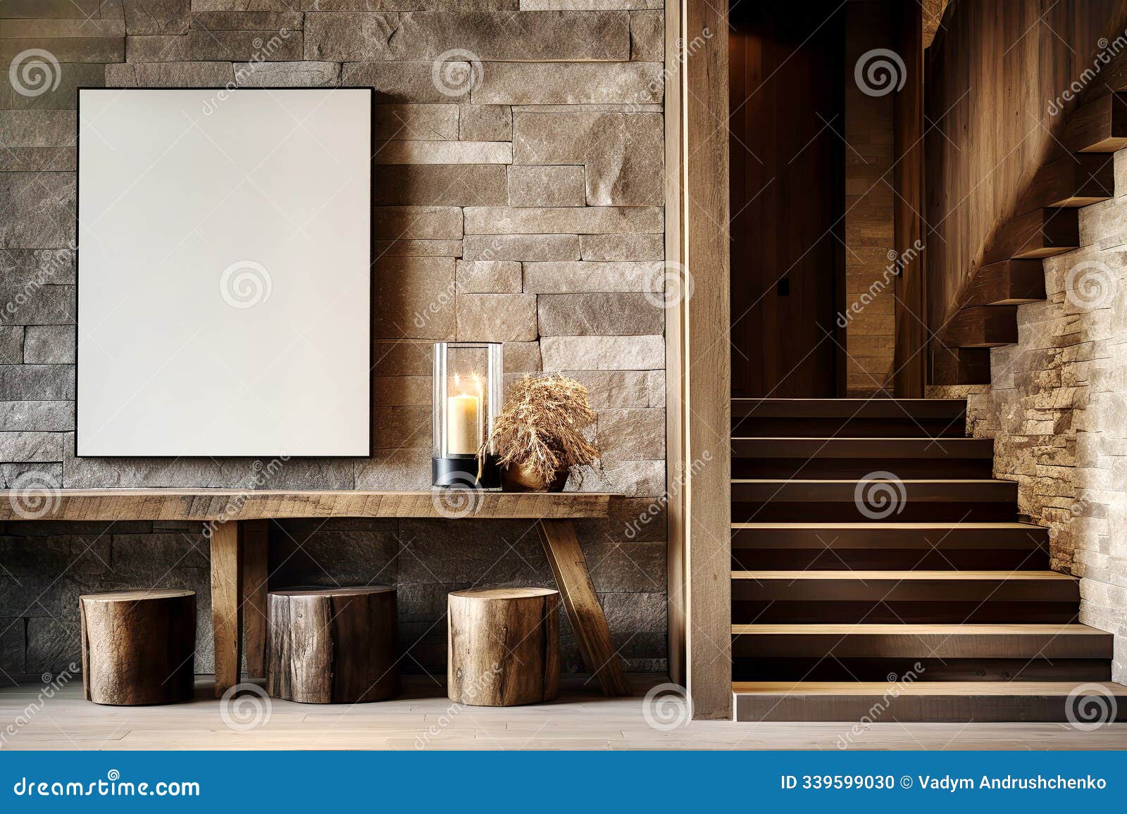 Rustic Console Table Near Stone Cladding Wall. Farmhouse Interior ...