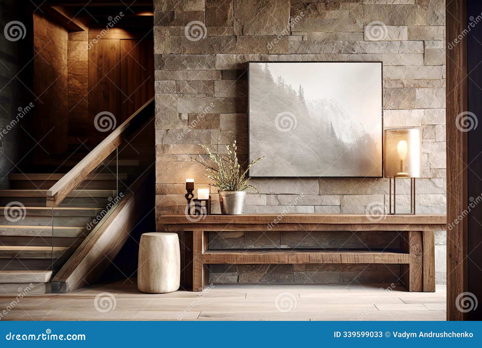 Rustic Console Table Near Stone Cladding Wall. Farmhouse Interior ...