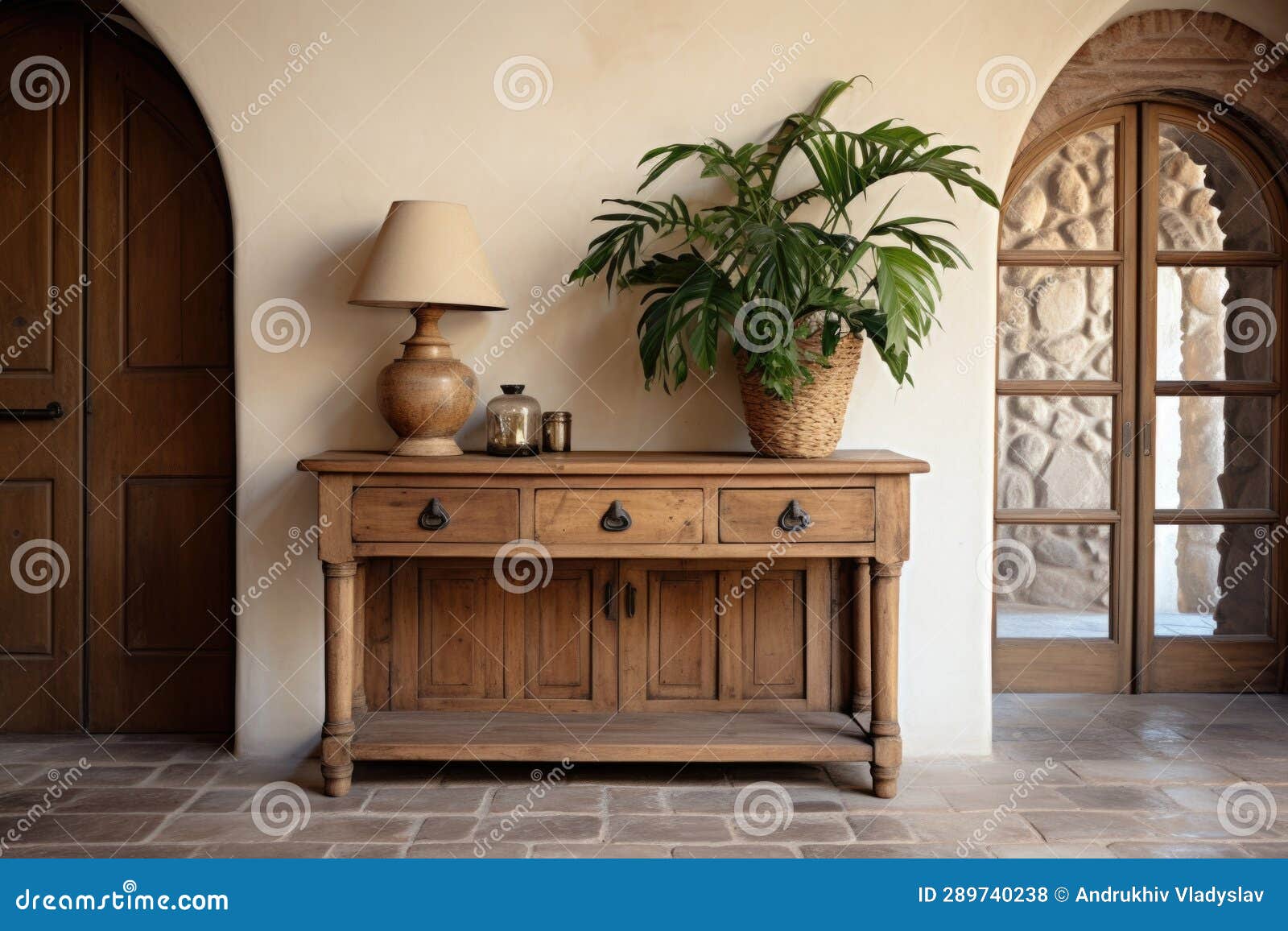 Rustic Console Table and Wooden Arched Door in Hallway with Stone Tiled ...