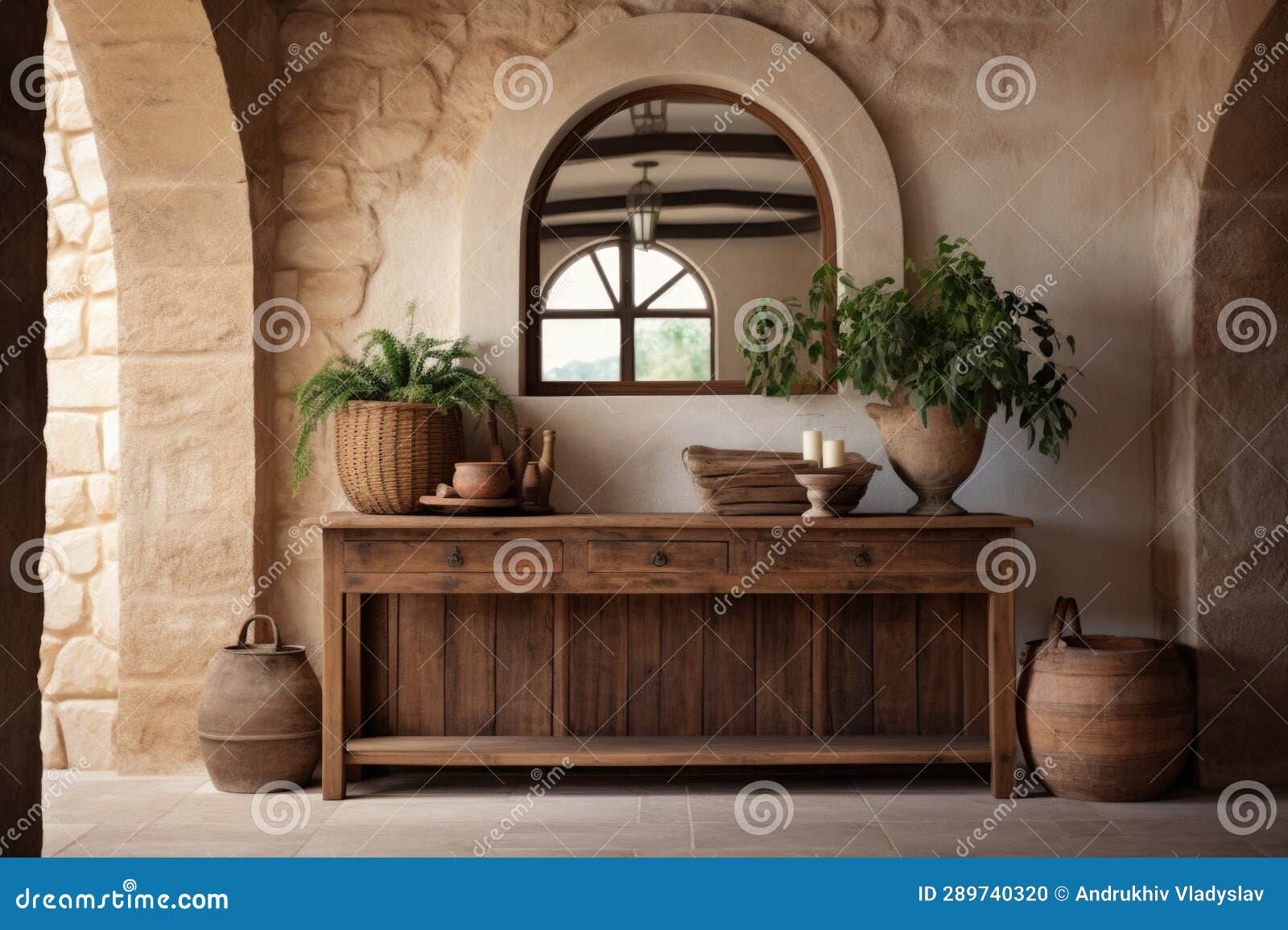 Rustic Console Table Near Stone Cladding Wall. Farmhouse Interior ...
