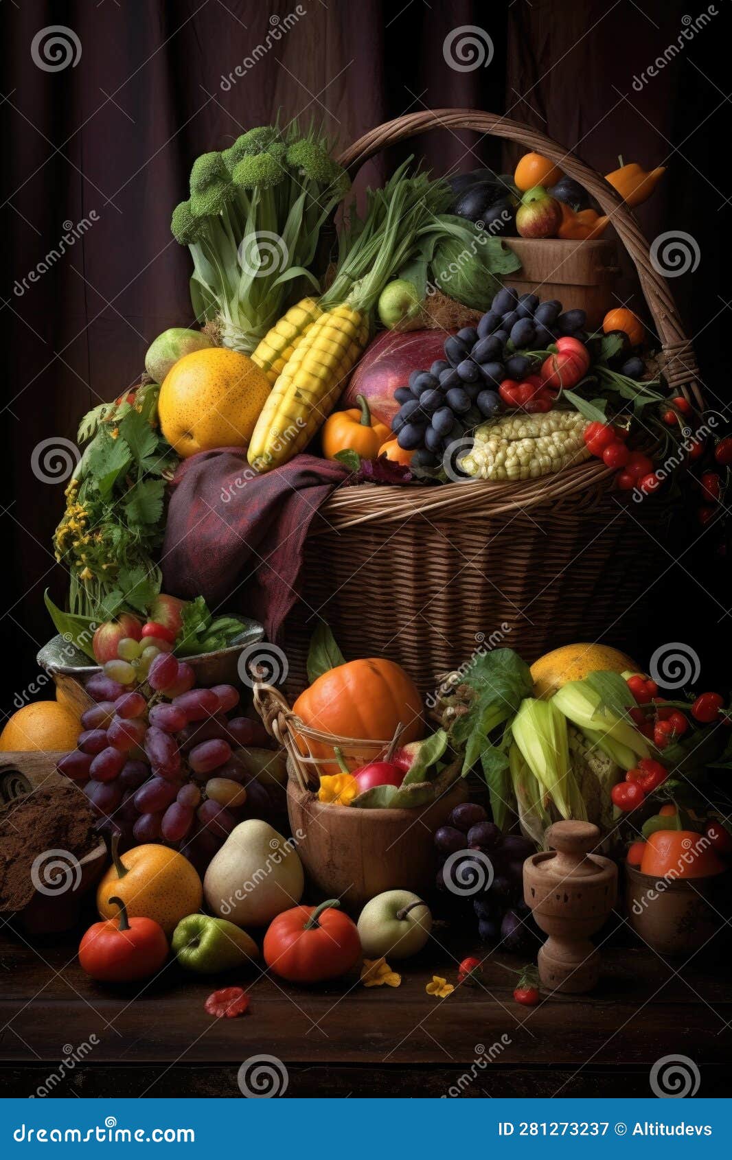 Rustic Cornucopia Filled with Fruits and Vegetables Stock Illustration ...