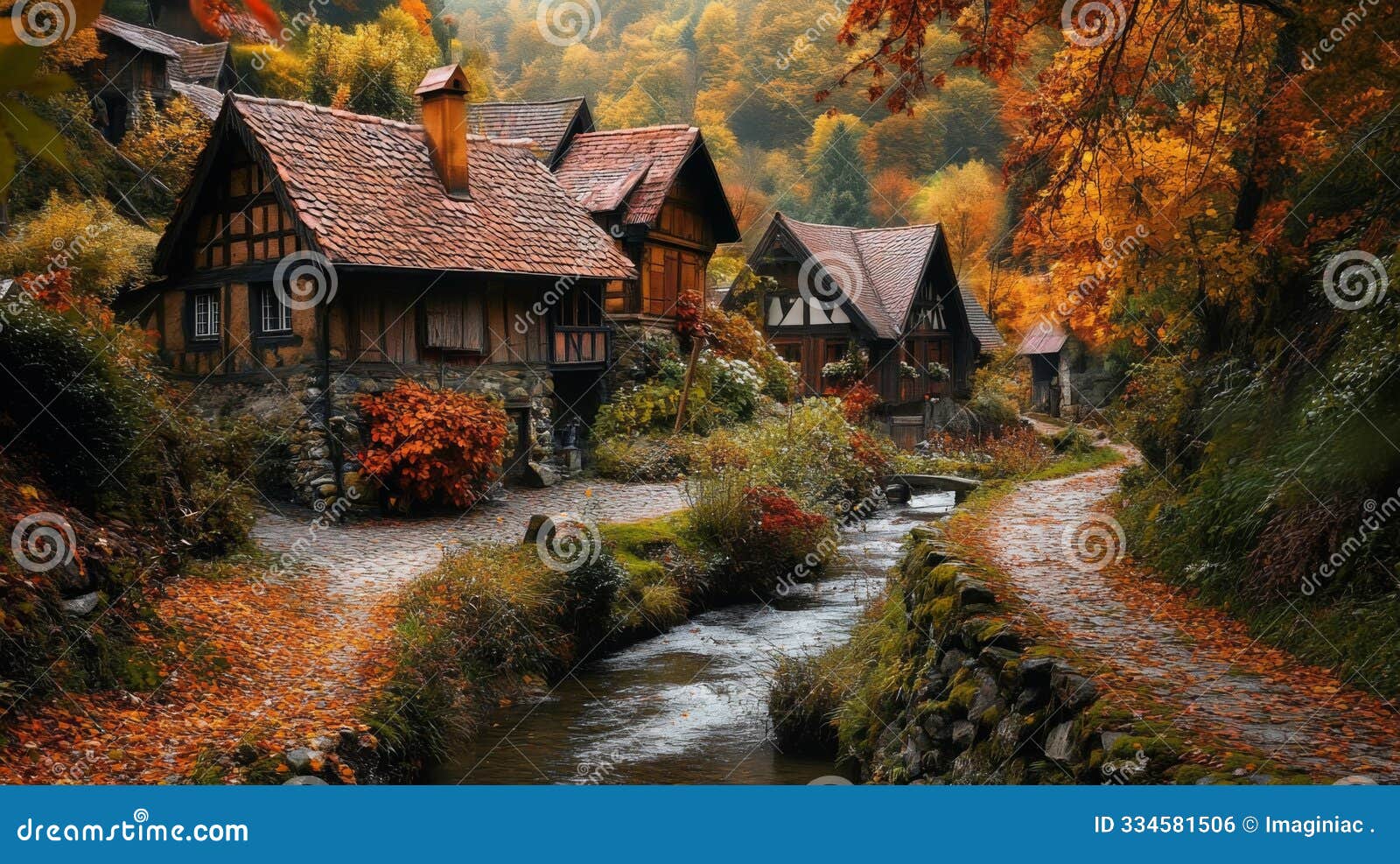Rustic Cottages in a Forested Valley with a Stream Stock Illustration ...