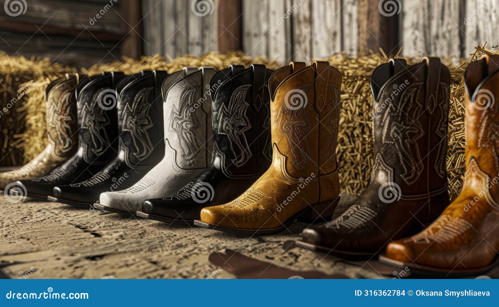 Rustic Country Western Boots Lined Up in Barn Setting Stock Photo ...