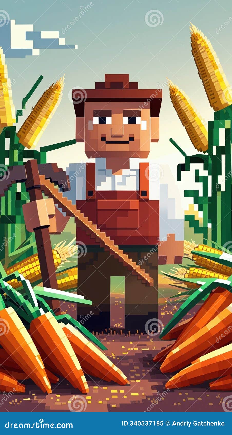 Rustic Countryside Scene Featuring Pixelated Farmer with Crops in a ...