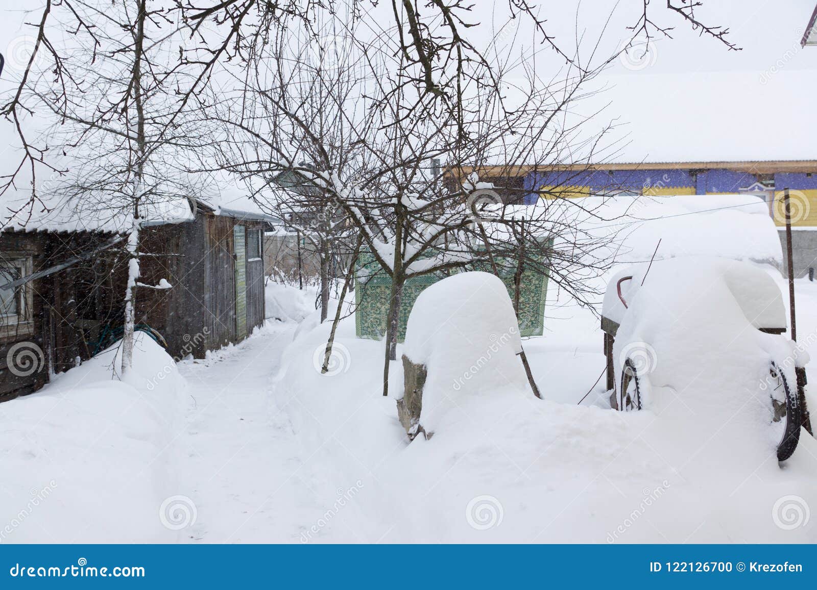 Rustic Courtyard in the Snow Stock Photo - Image of snow, blizzard ...