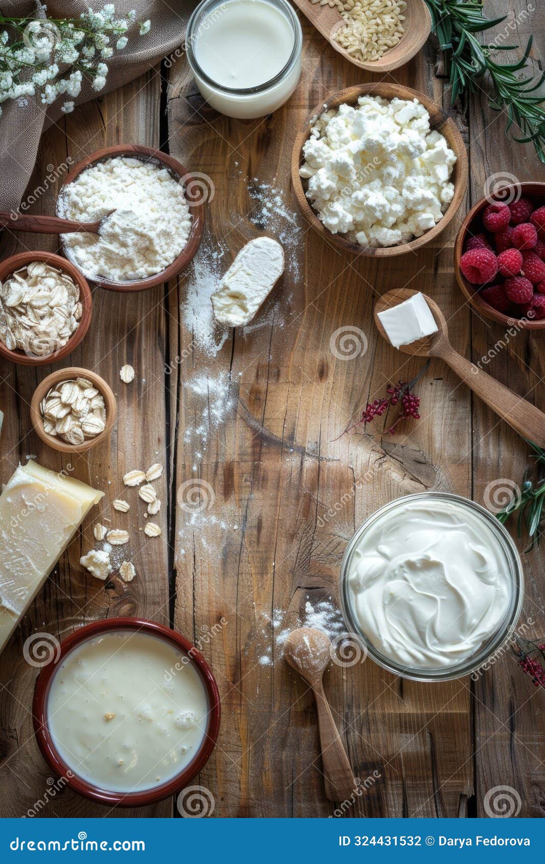 Rustic Dairy and Flour Display on Wooden Tabletop with Natural Decor ...