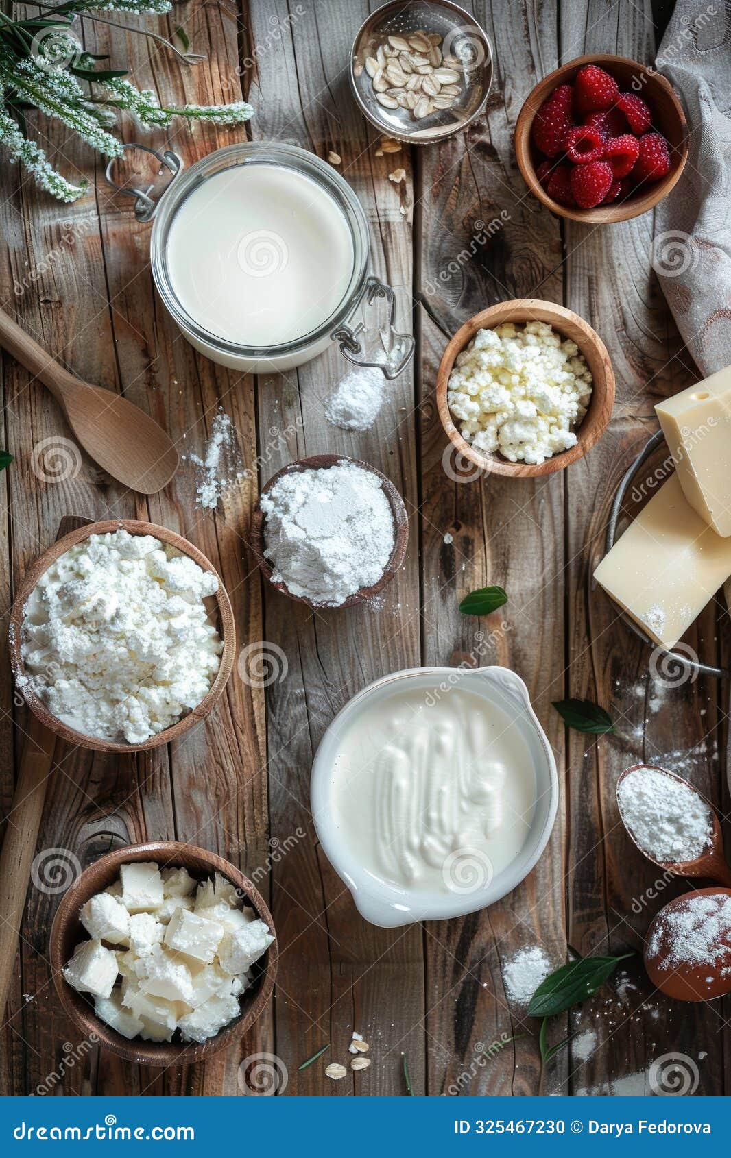 Rustic Dairy and Flour Display on Wooden Tabletop with Natural Decor ...
