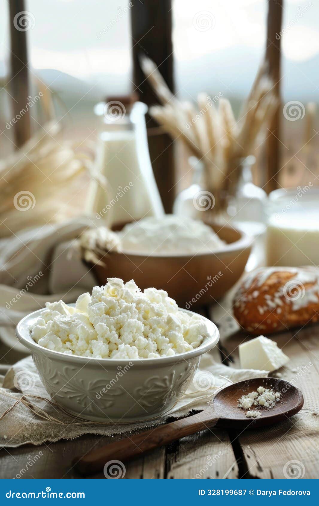 Rustic Dairy and Flour Display on Wooden Tabletop with Natural Decor ...
