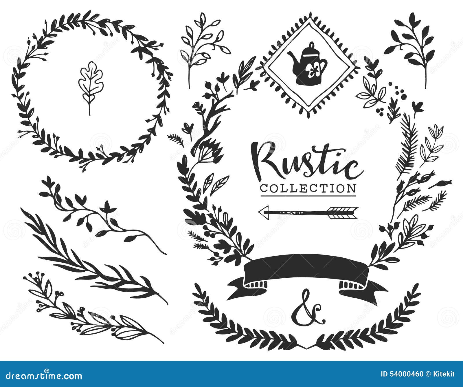 Rustic Decorative Elements with Lettering. Hand Drawn Vintage Stock ...