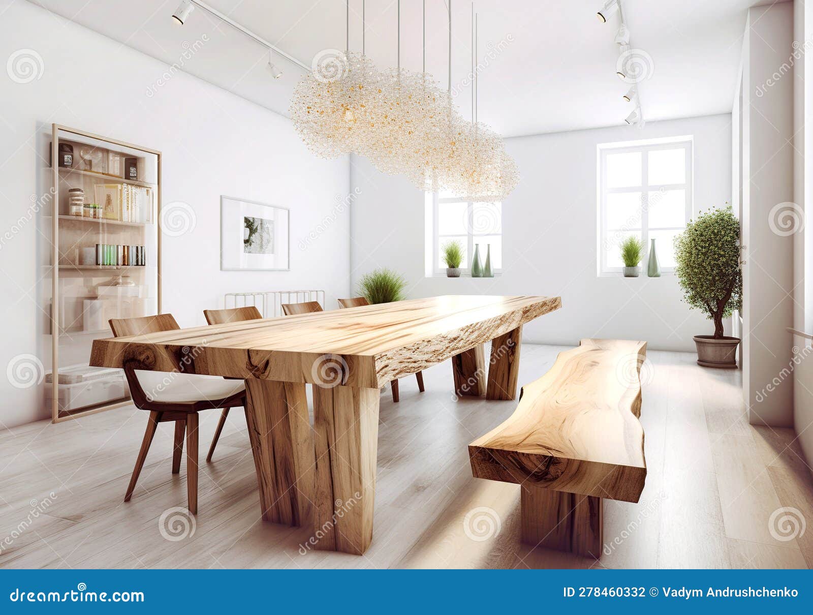 Rustic Dining Table and Bench in White Room. Interior Design of ...