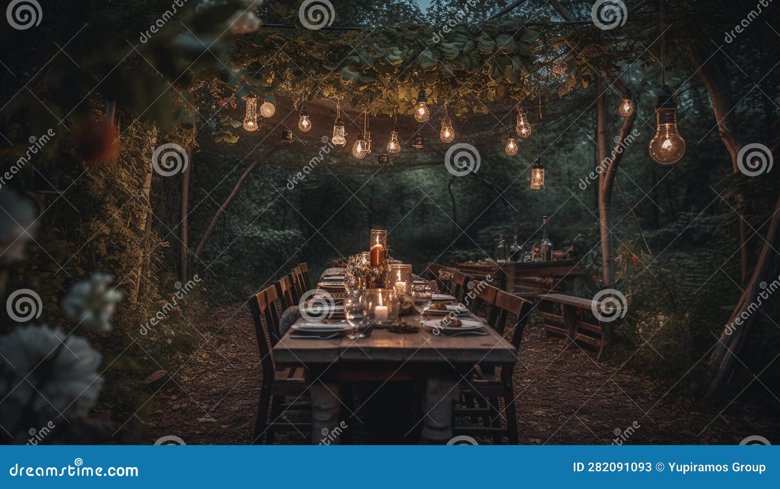Rustic Dining Table Set in a Forest for a Night Celebration Generated ...