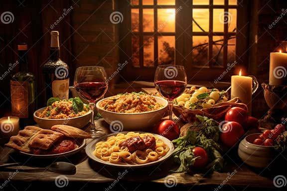 Rustic Dinner Table Setting with Italian Food Stock Illustration ...