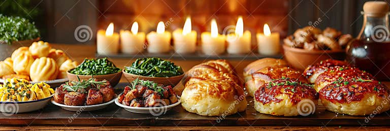 A Rustic Dinner Table Setup with a Variety of Breads, Vegetables, and ...