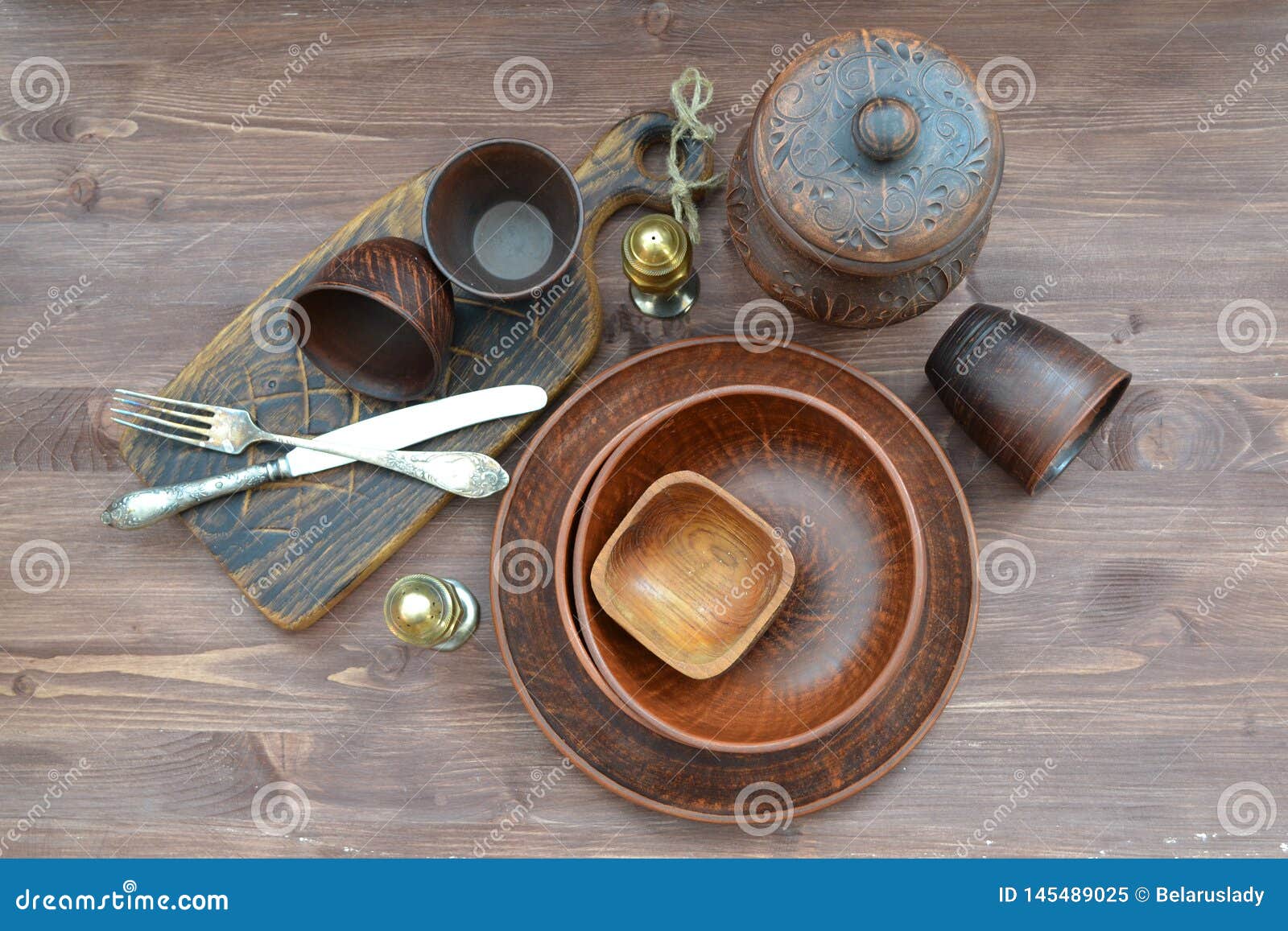 Rustic Dishes. Table Top View. Handmade Craft Stock Image - Image of ...