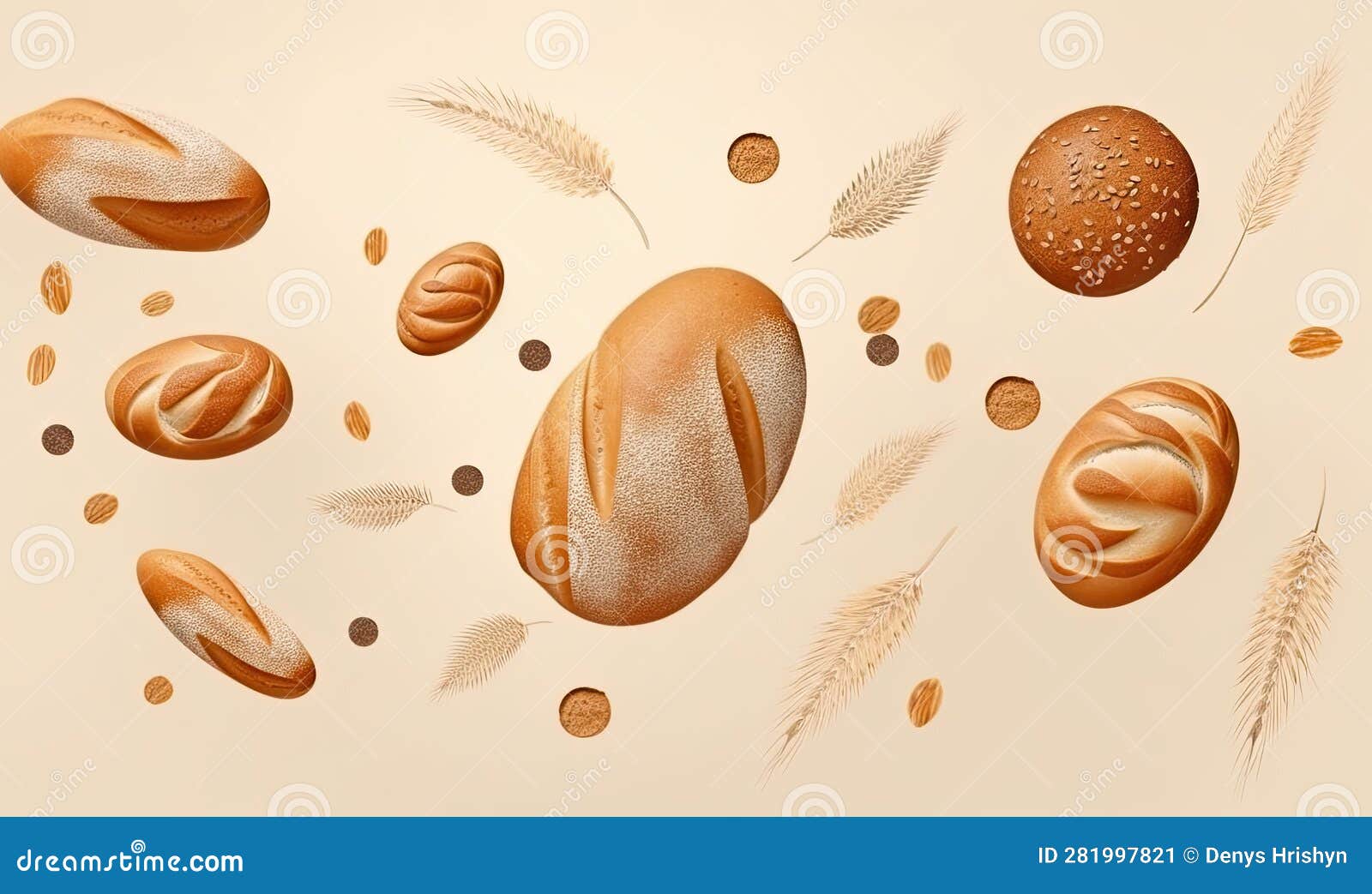 Rustic Display of Different Bread Varieties and Wheat Ears Creating ...