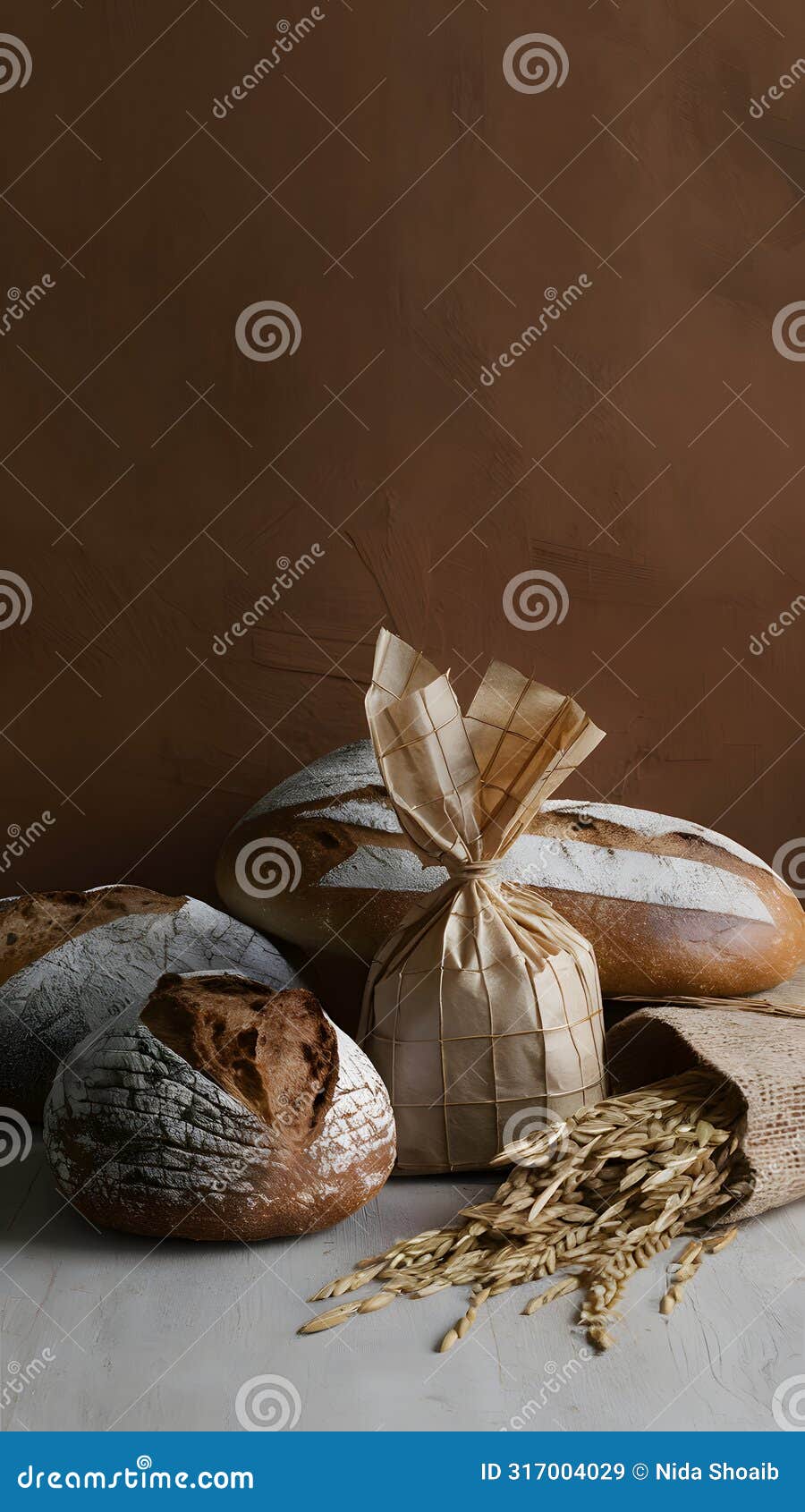 Rustic Display Features Artisanal Bread, Pack, and Grains, Exuding ...