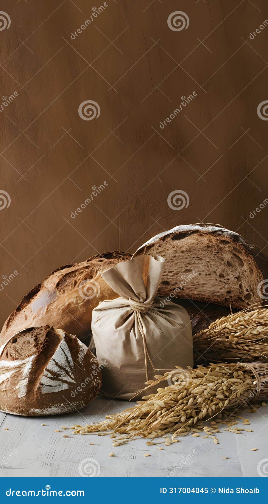 Rustic Display Features Artisanal Bread, Pack, and Grains, Exuding ...