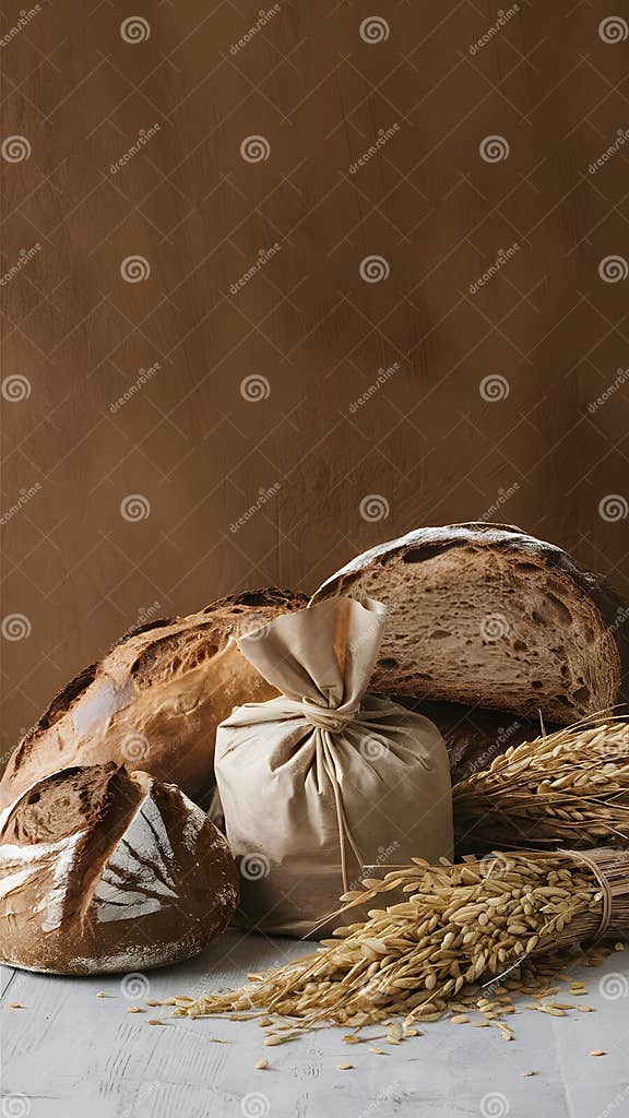 Rustic Display Features Artisanal Bread, Pack, and Grains, Exuding ...