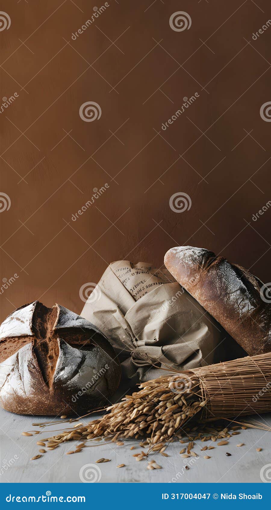 Rustic Display Features Artisanal Bread, Pack, and Grains, Exuding ...