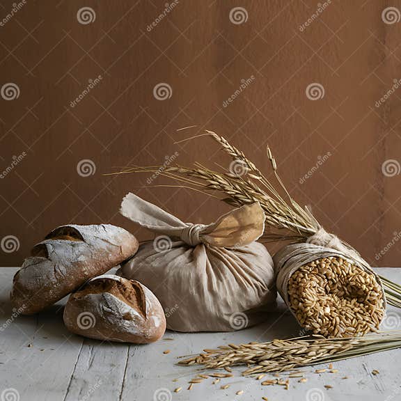 Rustic Display Features Artisanal Bread, Pack, and Grains, Exuding ...