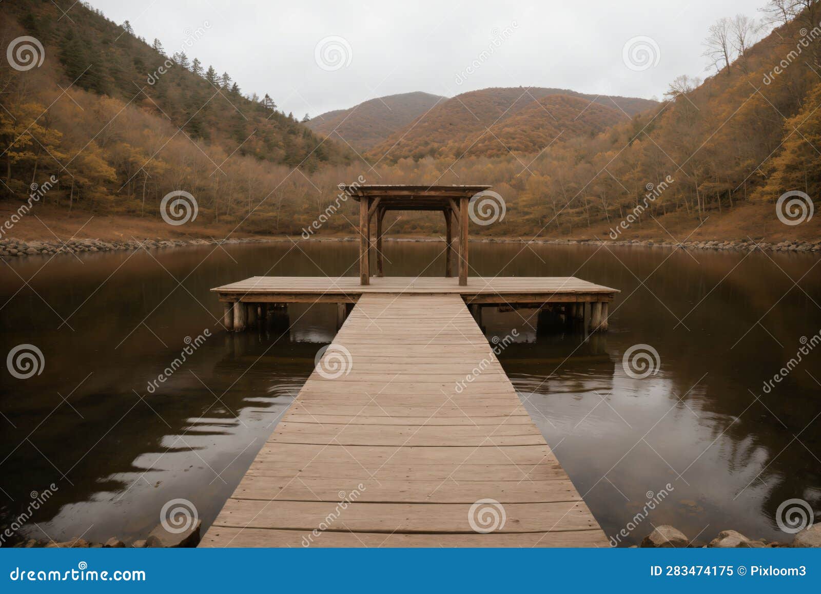 A Rustic Dock Extending into a Still Lake Stock Illustration ...