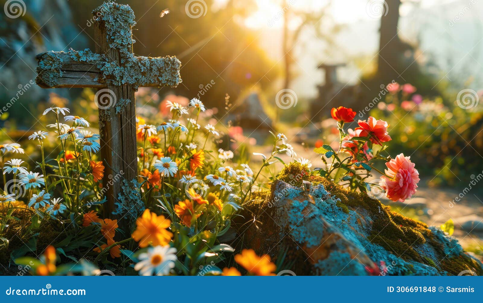 Rustic Easter Cross Standing in Old Cemetery among Flowers and Greenery ...