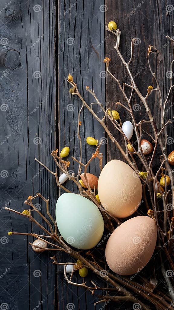 Rustic Easter Scene Eggs, Twigs on Wooden Backdrop, Ample Text Space ...
