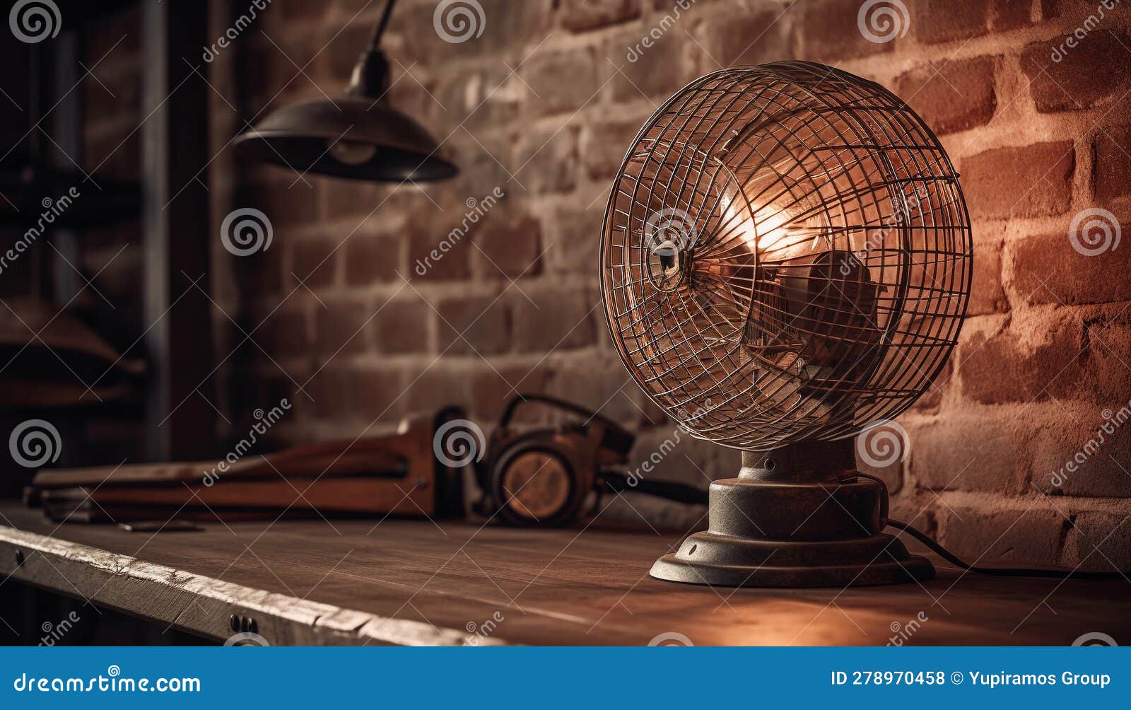 Rustic Electric Fan Propeller Turning on Old Wooden Table Indoors ...