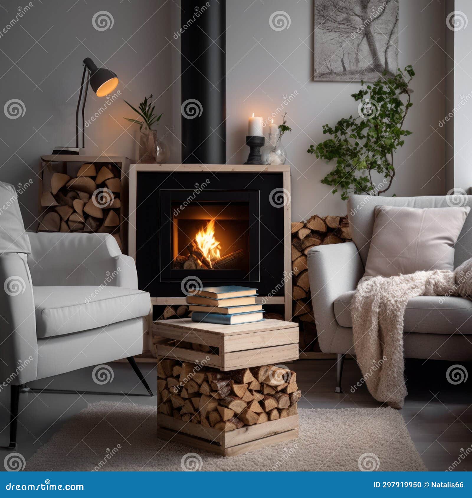 Rustic Elegance - Cozy Scandinavian Fireplace Setting. Square Format ...