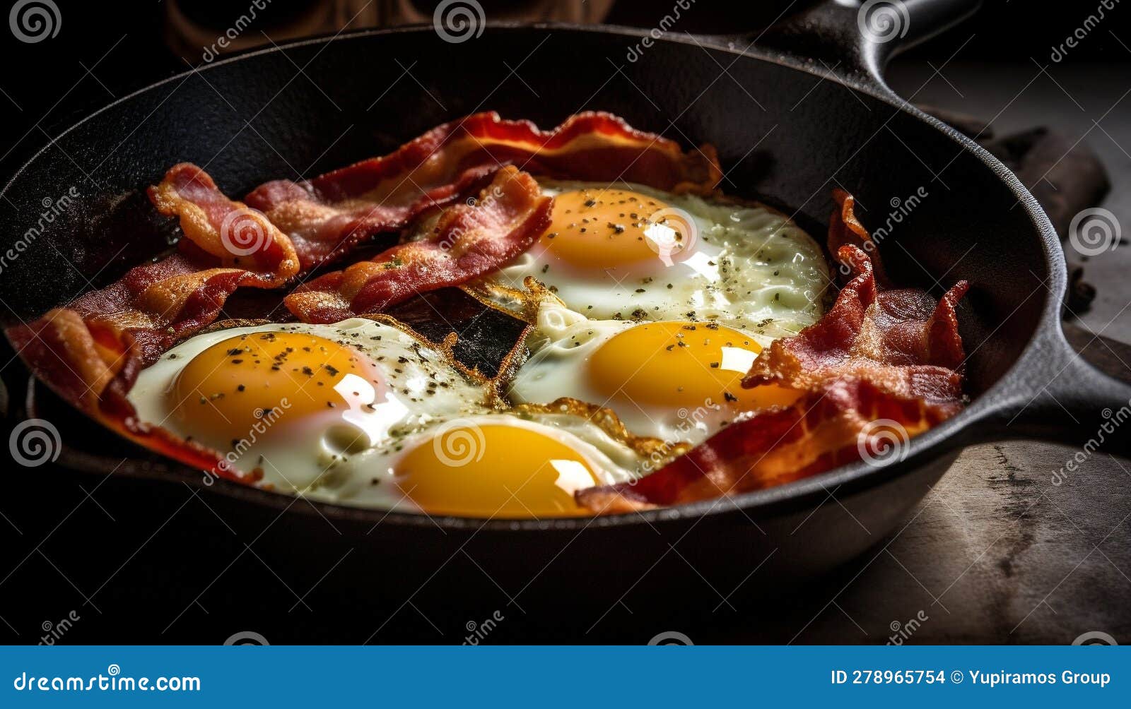 Rustic English Breakfast on Cast Iron, Focus on Foreground Freshness ...