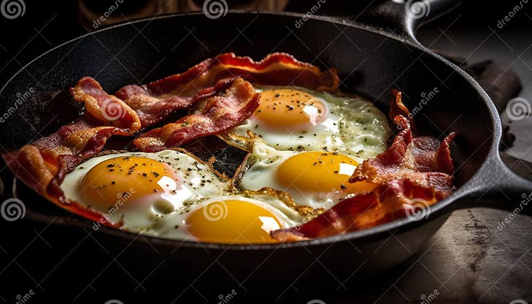Rustic English Breakfast on Cast Iron, Focus on Foreground Freshness ...
