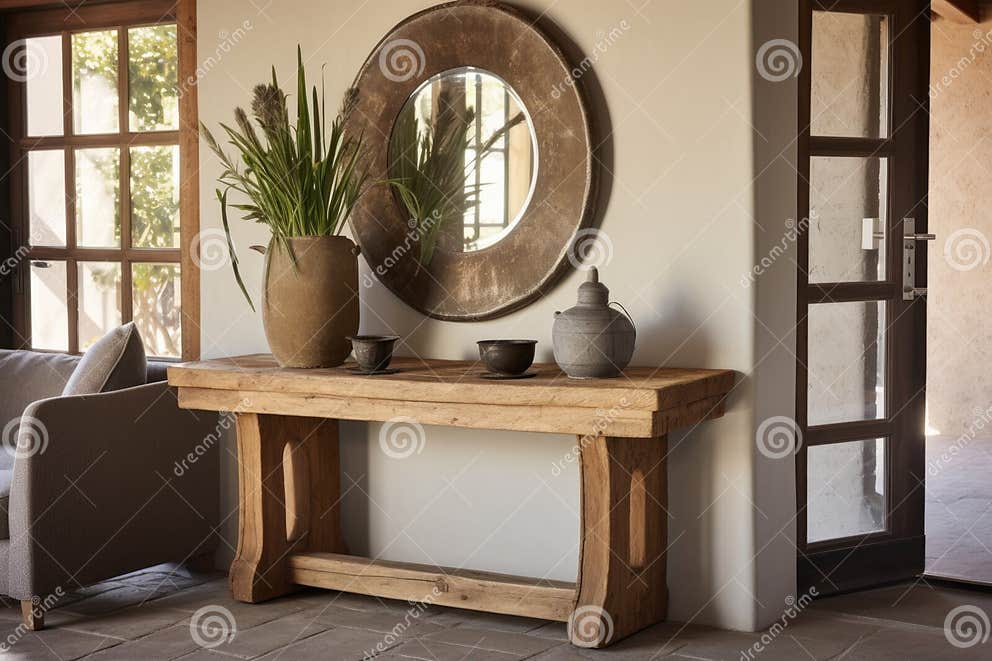 A Rustic Entryway with a Wooden Console Table and Mirror Stock Photo ...