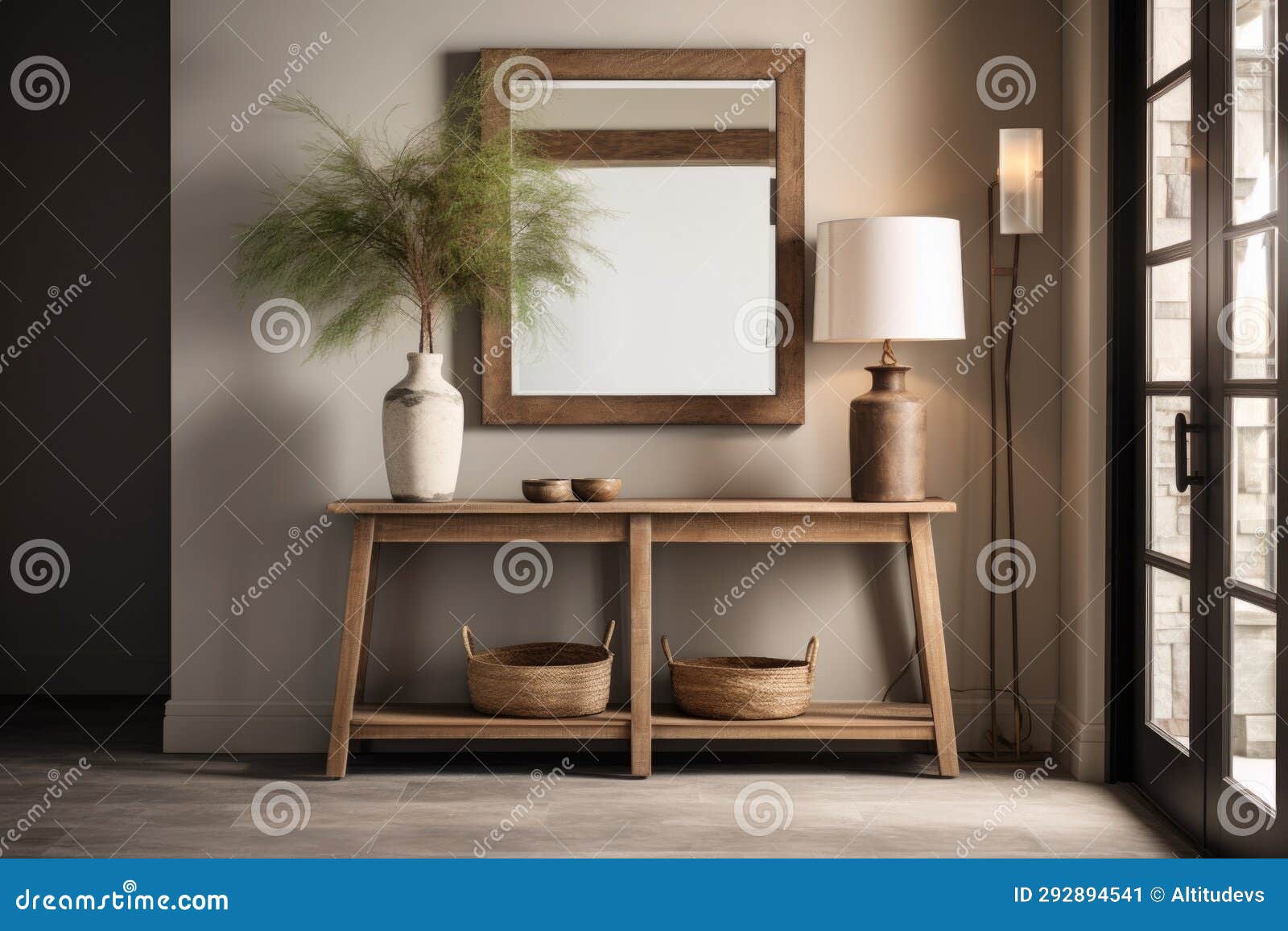 A Rustic Entryway with a Wooden Console Table and Mirror Stock Image ...
