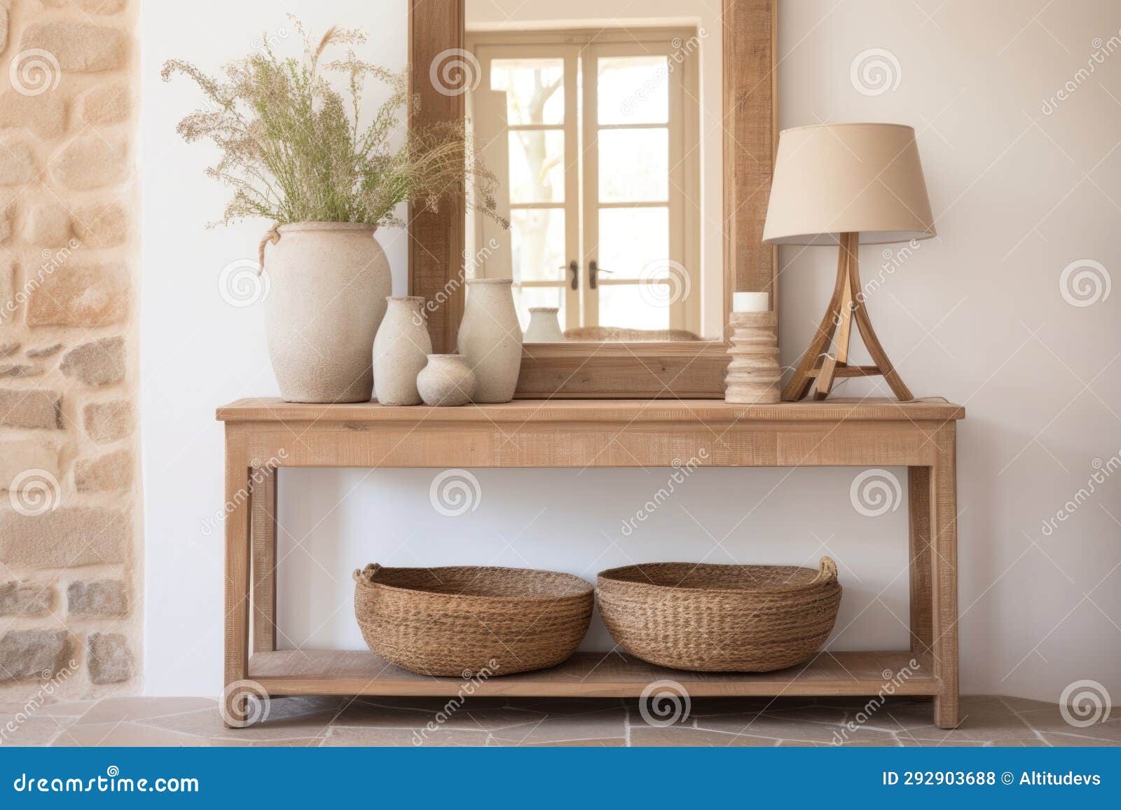 A Rustic Entryway with a Wooden Console Table and Mirror Stock Photo ...