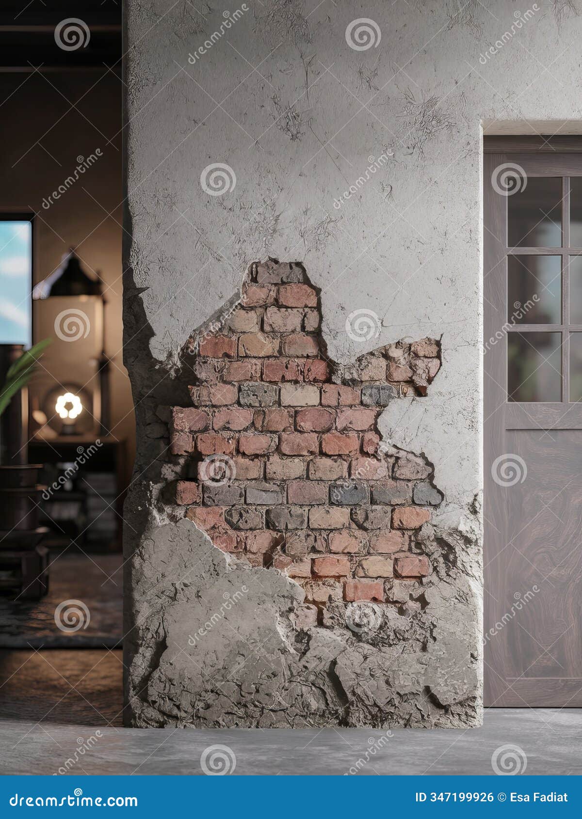 Rustic Exposed Brick and Plaster Wall in Stylish Living Space Stock ...
