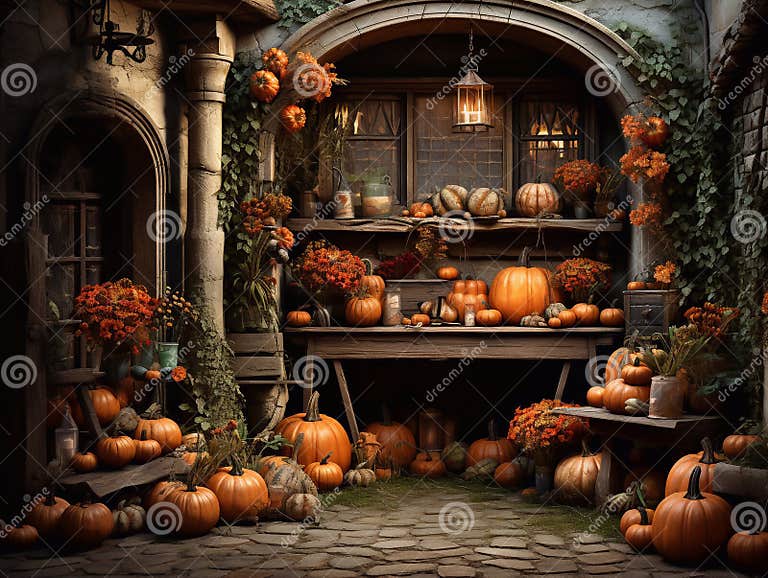 Rustic Fall Decor with Pumpkins, Autumn Rustic Decor Stock Illustration ...