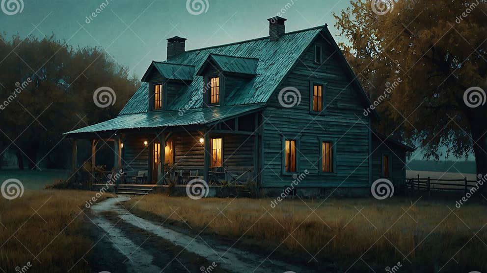 Rustic Farmhouse at Dusk Wallpaper Stock Image - Image of estate ...