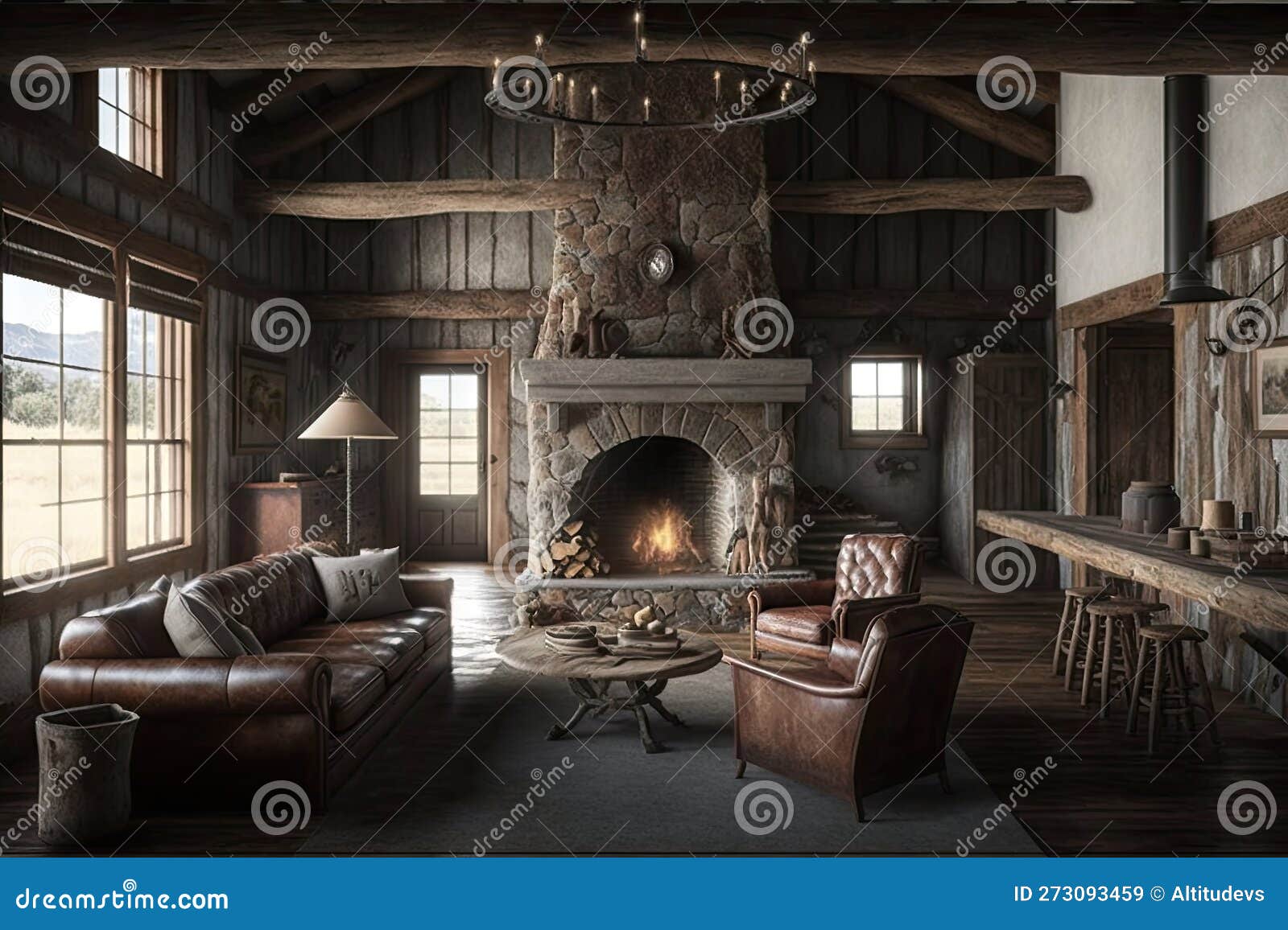 Rustic Farmhouse with Large Stone Fireplace and Leather Sofas Stock ...